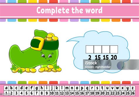 단어를 완성합니다 암호 코드입니다 동전레프레차운 부츠 어휘와 숫자를 학습 교육 워크 시트 영어 공부를 위한 활동 페이지 격리된 벡터 그림입니다 만화 캐릭터 St