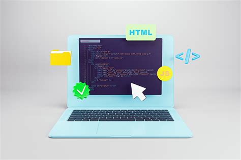 Html 및 Javascript 요소가 있는 노트북 화면의 코딩 인터페이스 웹 개발 및 소프트웨어 인프라 학습 개념을 보여줍니다 3d 렌더링 웹페이지에 대한 스톡 사진 및