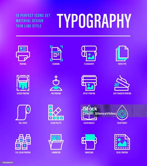 타이포그래피 폴리그래피 가는 선 아이콘 세트 인쇄 스캔 굴곡 오프셋 롤 페이퍼 컬러 팔레트 라미네이션 열 전달 인쇄 엠보싱 벡터 그림입니다 인쇄기에 대한 스톡 벡터 아트 및