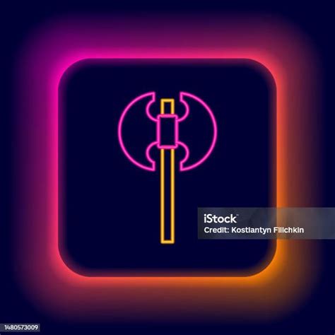 검은 색 배경에 고립 된 빛나는 네온 라인 중세 도끼 아이콘 전투 도끼 실행자 도끼 중세 무기 다채로운 개요 개념 벡터 강철에 대한 스톡 벡터 아트 및 기타 이미지 Istock