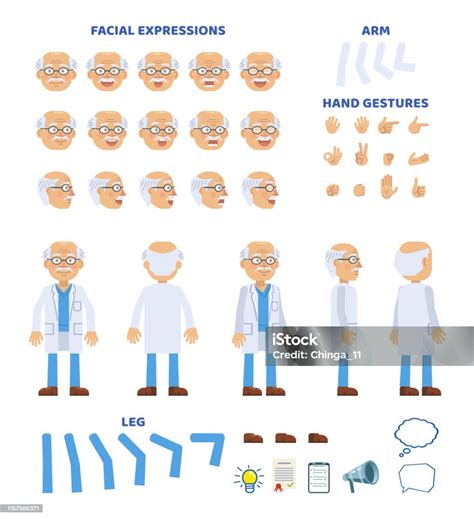 오래 된 교수 과학자 또는 메딕 창조 세트 다양한 제스처 감정 다양한 포즈 보기 나만의 포즈 만들기 애니메이션 감정에 대한 스톡