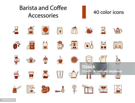 바리스타 와 커피 액세서리 플랫 아이콘 세트 커피 제조 기기 색상 기호입니다 격리된 벡터 스톡 일러스트레이션 일러스트레이션에 대한 스톡 벡터 아트 및 기타 이미지 Istock