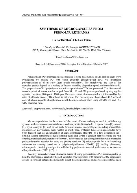 Pdf Synthesis Of Microcapsules From Prepolyurethanes