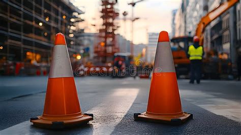 Construction Site With Traffic Cones And Heavy Machinery At Sunset In