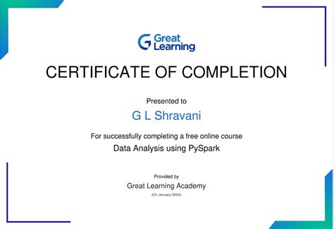 certified in data analysis using pyspark from great learning lakshmi