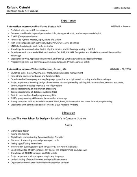Automation Intern Resume Samples Velvet Jobs