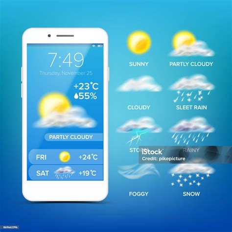 일기 예보 애플 리 케이 션 벡터입니다 현실적인 스마트폰 화면입니다 날씨 응용 프로그램 아이콘으로 디자인 요소 그림 날씨에 대한 스톡 벡터 아트 및 기타 이미지 Istock