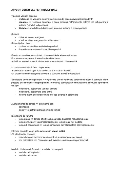 Appunti Metodi E Linguaggi Di Simulazione Per Prova Finale Appunti