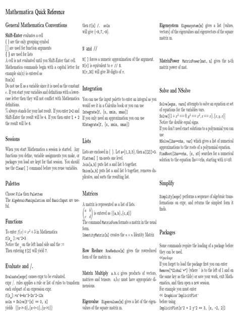 Mathematica Refcard Pdf Matrix Mathematics Eigenvalues And