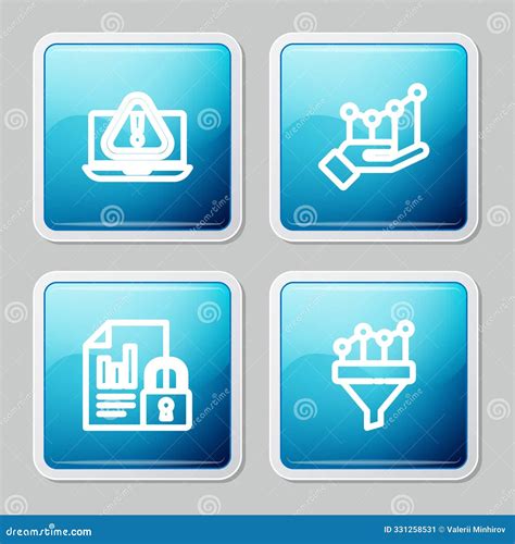 Set Line Laptop With Exclamation Mark Pie Chart Infographic Document And Lock And Sales Funnel
