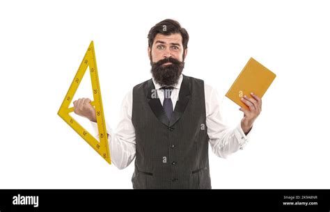 Make Geometry Interesting School Teacher Hold Book And Triangle Private Teaching Bearded Man