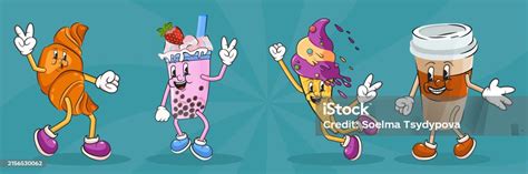 빵집에 대한 글자와 문구가 있는 포스터 디저트 캐릭터가 있는 멋진 포스터와 카드 컬렉션 복고풍 만화 마스코트 세트 카페 및 배달 아이스크림 커피 크로와상 버블티 0명에 대한