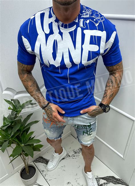 Мъжка синя тениска с бял надпис Money T038 6 Boutique Milano