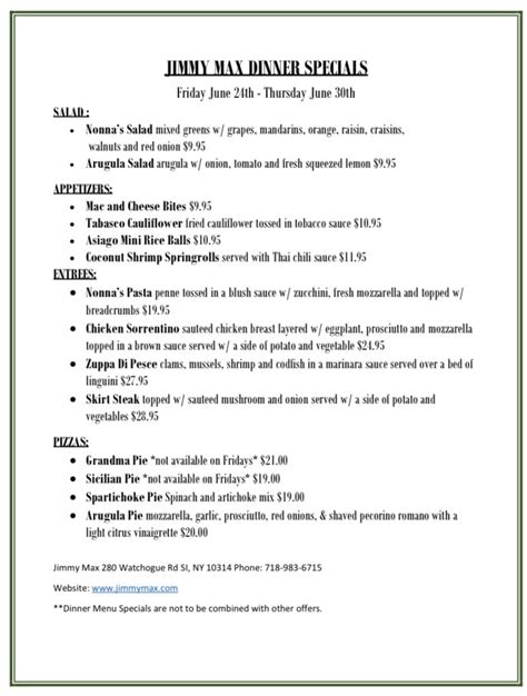 Jimmy Max Dinner Specials Westerleigh Dinner Specials Online Menu