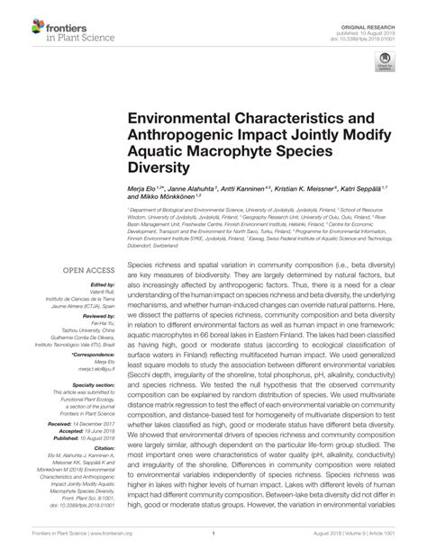 Pdf Environmental Characteristics And Anthropogenic Impact Jointly Modify Aquatic Macrophyte
