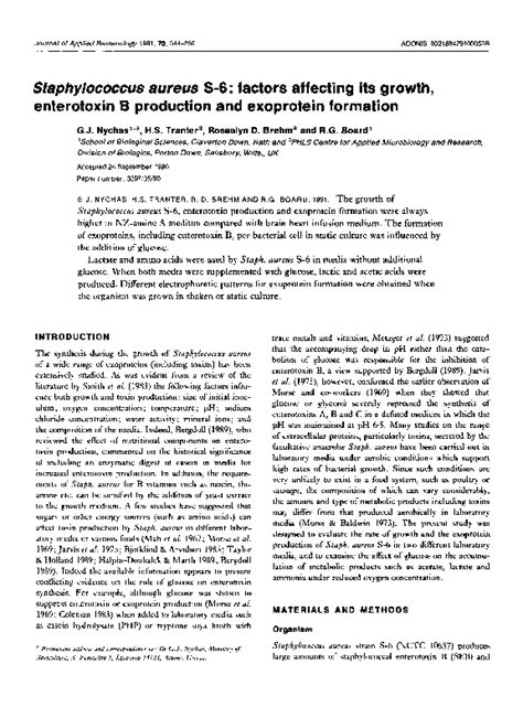 Pdf Staphylococcus Aureus S 6 Factors Affecting Its Growth Enterotoxin B Production And
