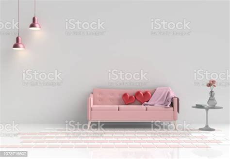 나무 베개 핑크 램프 유리 테이블 창 화이트 거실 장식 핑크 소파에 두 빨간색 마음 흰색 벽 타일 바닥 발렌타인 사랑 방입니다 배경 및 인테리어 3d 렌더링입니다 2월에