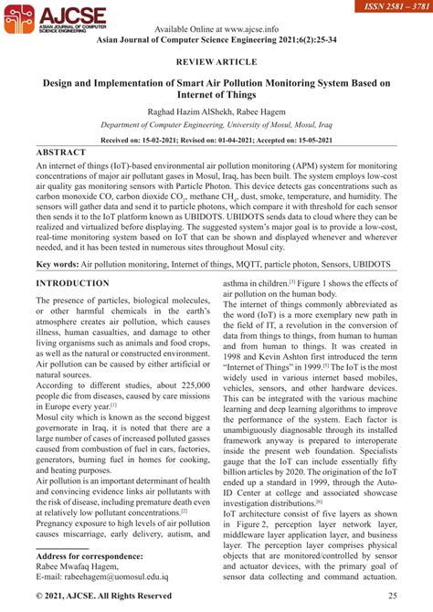 Pdf Smart Air Pollution Monitoring System Design And Implementation Based On Iot