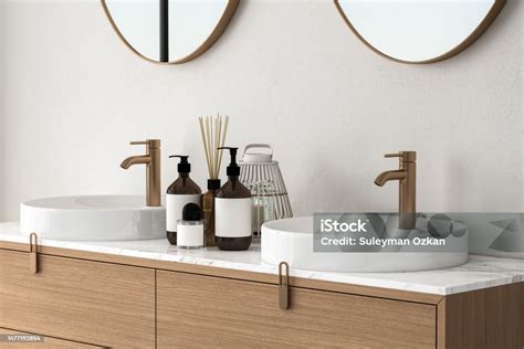 3d 렌더링은 아침 햇살과 그림자가 있는 욕실에서 세라믹 세면대와 현대적인 스타일의 수도꼭지가 있는 흰색 세면대 카운터를 닫습니다 제품 디스플레이 모형을 위한 빈 공간 배경