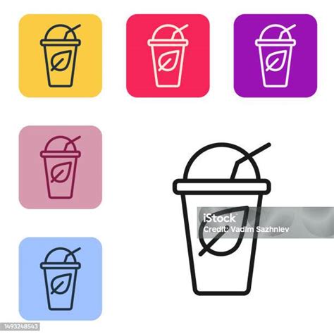 검은 선 잎 아이콘이 있는 차 한잔은 흰색 배경에 분리되어 있습니다 달콤한 자연 식품 색상 사각형 버튼으로 아이콘을 설정합니다 벡터 0명에 대한 스톡 벡터 아트 및 기타