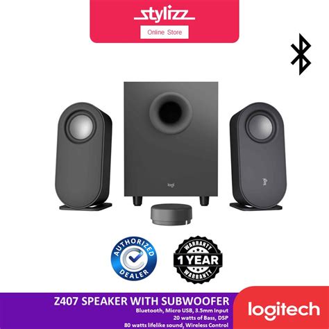 LOGITECH Z407 BLUETOOTH COMPUTER SPEAKERS WITH SUBWOOFER AND WIRELESS CONTROL 80W LIFELIKE