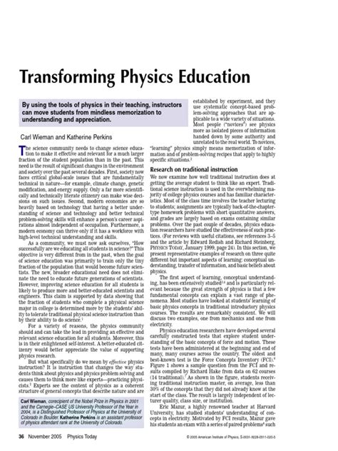 Wieman2005 Transforming Physics Education Physicstoday Pdf Thought