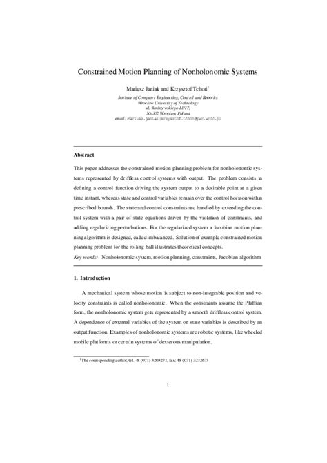 Pdf Constrained Motion Planning Of Nonholonomic Systems