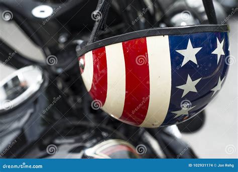 Closeup Of Red White And Blue American Flag Motorcycle Helmet Stock