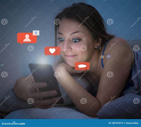 Happy Woman Online Chatting And Dating On Smartphone With Social Media Notification Icons At