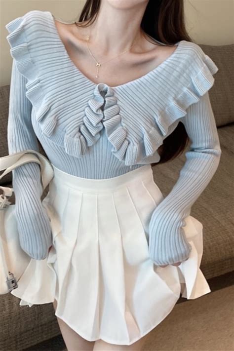 핑크프릴 메로 러블리 프릴 오프숄더 긴소매 롱슬리브 니트 스웨터 위시버킷