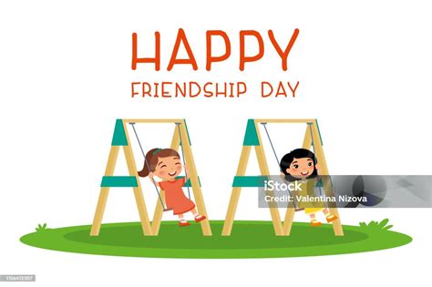 행복한 우정의 날 공공 공원이나 유치원 놀이터에서 스윙에 스윙 두 귀여운 어린 소녀 만화에 대한 스톡 벡터 아트 및 기타 이미지