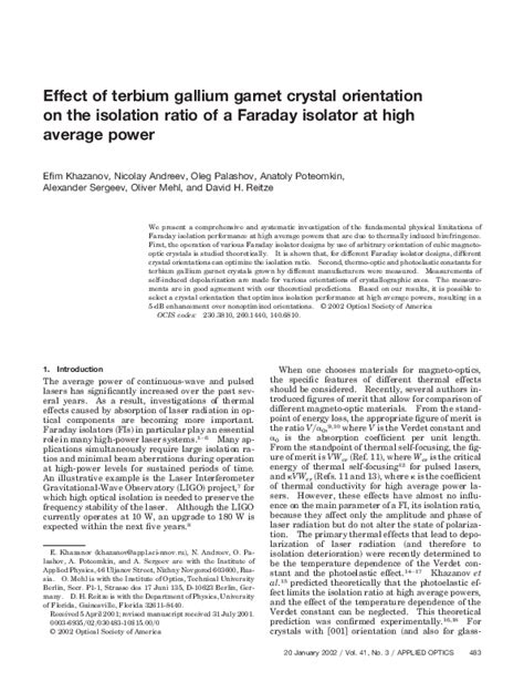 Pdf Effect Of Terbium Gallium Garnet Crystal Orientation On The Isolation Ratio Of A Faraday