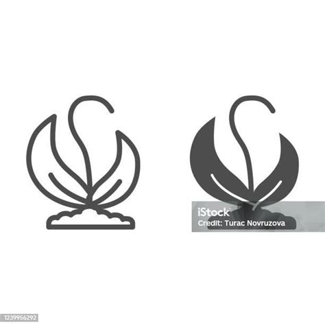 나뭇잎 라인과 단색 아이콘 자연 개념 흰색 배경에 토양 기호에 원예 식물 모바일 및 웹에 대한 개요 스타일에 두 개의 잎 아이콘묘가있는 작은 새싹 벡터 그래픽 0명에 대한