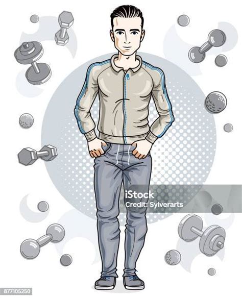 자신감이 생기고 Brunet 젊은 남자 아령와 아가씨와 간단한 배경에 서 있다 스포츠맨의 그림을 벡터 스포츠 스타일 건강한 생활방식에 대한 스톡 벡터 아트 및 기타 이미지