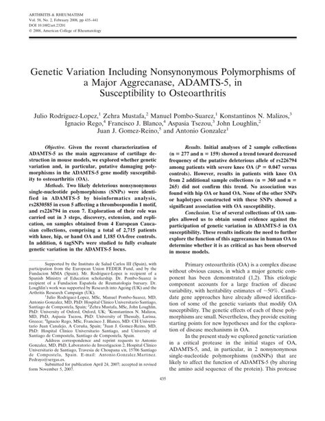 Pdf Genetic Variation Including Nonsynonymous Polymorphisms Of A Major Aggrecanase Adamts 5