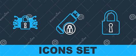 Set Line Lock Cyber Security And Usb Flash Drive With Lock Icon Vector Stock Illustration