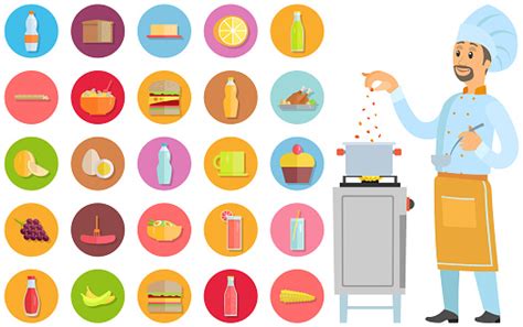 요리사는 스토브 제품 아이콘에 숟가락과 수프 냄비를 들고 서 있습니다 요리사는 주방 장비로 요리합니다 건강한 식생활에 대한 스톡