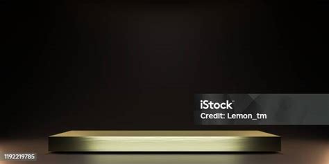 어두운 방 배경에 금 스탠드 연단 플랫폼 디스플레이의 받침대 빈 전시 또는 빈 제품 선반 3d 렌더링 탁자에 대한 스톡 사진 및 기타 이미지 Istock