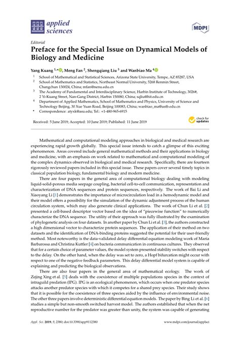 PDF Preface For The Special Issue On Dynamical Models Of Biology And Medicine