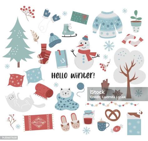 안녕하세요 겨울 계절에 따라 아늑한 품목 음식 귀여운 고양이 나무 옷 및 장식의 큰 컬렉션 벡터 일러스트레이션 크리스마스에 대한 스톡 벡터 아트 및 기타 이미지 Istock