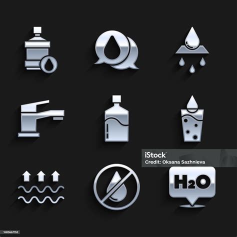 깨끗한 물 물방울 금지 화학식 H2o 유리 파도 및 증발 수돗물 재활용 아쿠아 및 아이콘으로 큰 병을 설정하십시오 벡터 0명에 대한 스톡 벡터 아트 및 기타 이미지 Istock