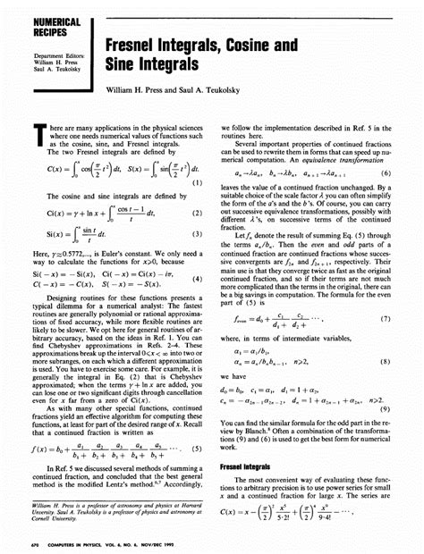 Fresnel Integrals Cosine And Sine Integrals Computer In Physics Aip Publishing