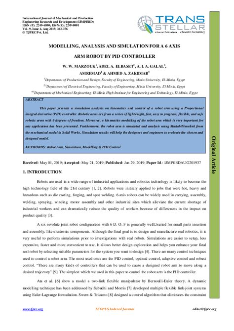 pdf modelling analysis and simulation for a 6 axis arm robot by pid