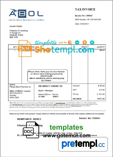 Australian ABOL Marketing Consultancy Company Invoice Example In Word And PDF Format Fully