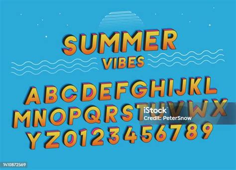 생생한 색상으로 여름 느낌 글꼴 효과 디자인입니다 벡터 예술입니다 전체 알파벳 및 숫자 포함 3차원 형태에 대한 스톡 벡터 아트 및 기타 이미지 Istock