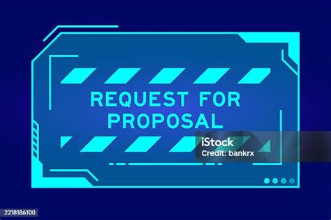 검은색 배경에 사용자 인터페이스 화면에 제안에 대한 단어 요청이 있는 미래 지향적인 Hud 배너의 파란색 Royal Film Performance에 대한 스톡 벡터 아트 및