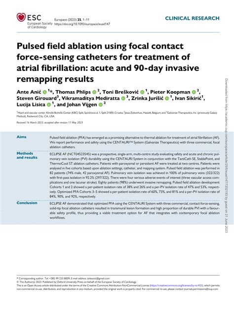 Pdf Pulsed Field Ablation Using Focal Contact Force Sensing Catheters For Treatment Of Atrial