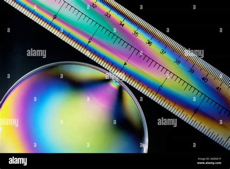 Coloured Light Interference Patterns On A Plastic Ruler And Shallow Dish Manufactured By An