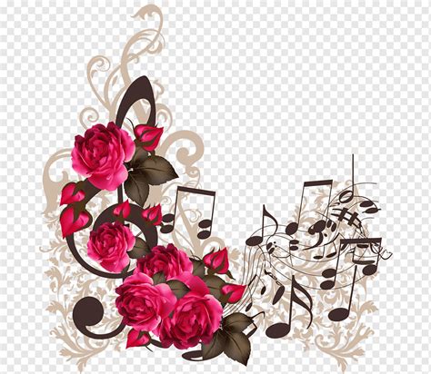 핑크 장미와 음악 노트 일러스트 음표 일러스트 노트와 꽃 꽃꽂이 그린 손 Png Pngwing