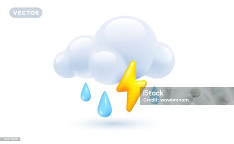 벡터 날씨 비오는 폭풍우 날 그림자가 있는 흰색 배경에 솜 털 구름과 빗방울이 있는 노란색 번개 그림입니다 번개와 비와 뇌우 구름의 3d 만화 스타일 디자인 0명에 대한